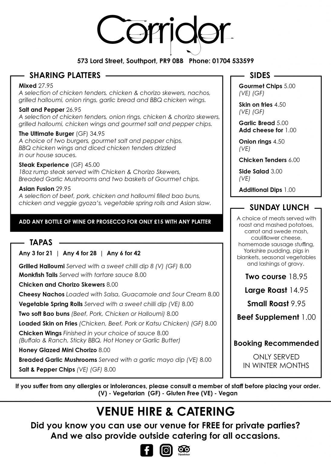 Food Menus - The Corridor Bar & Eatery Southport
